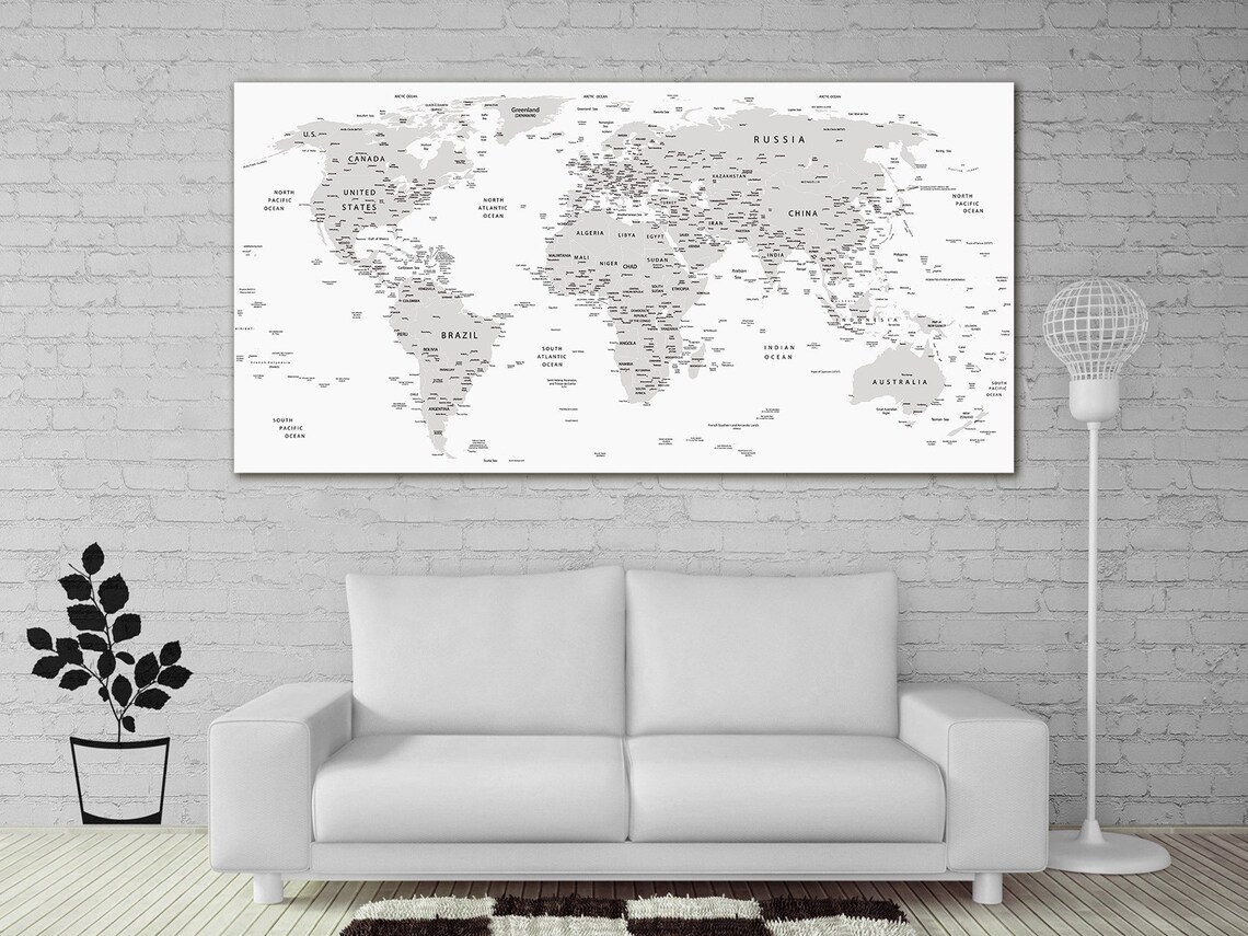 World Map Canvas Gray World Map Decor World Map Push Pin Atlas - Etsy