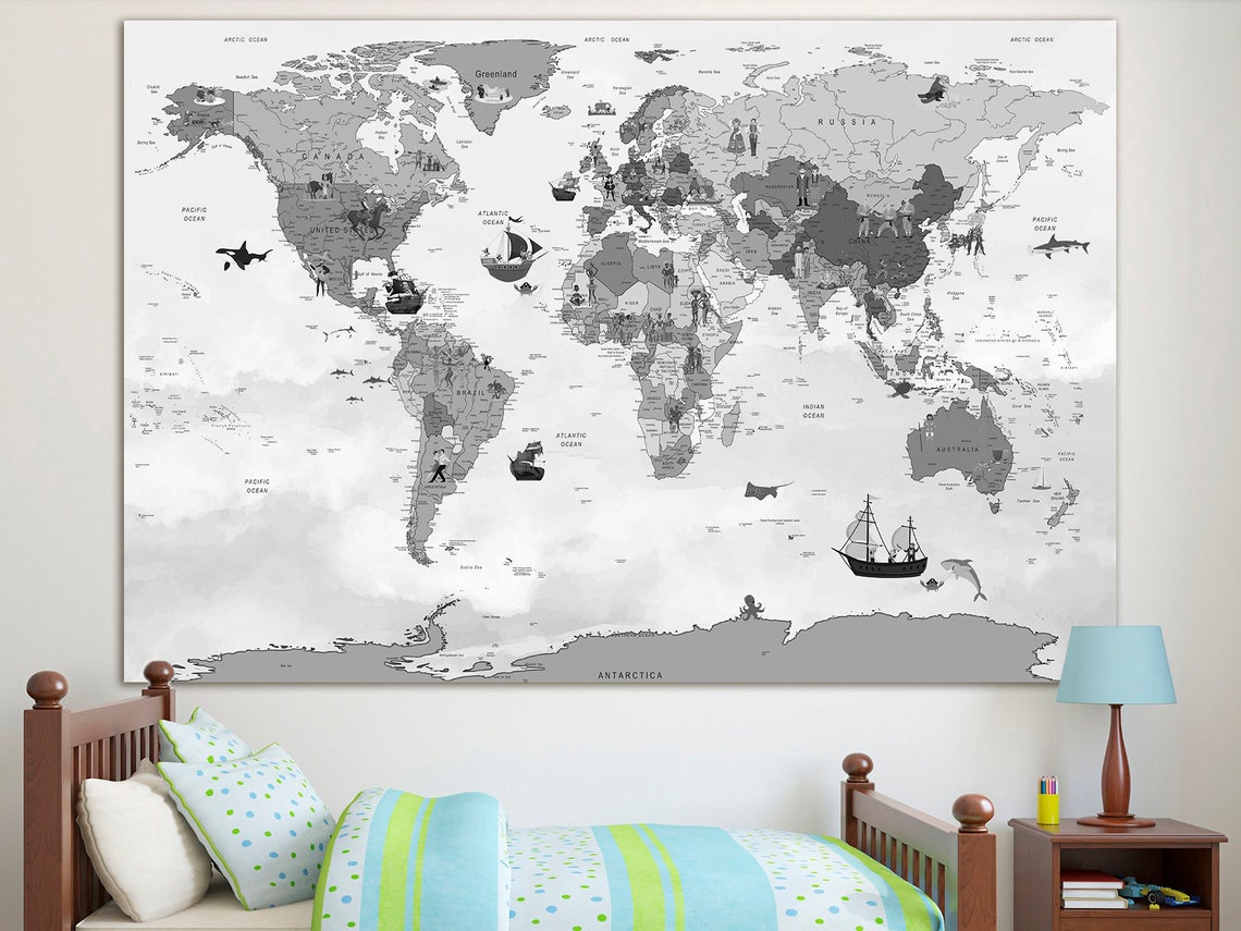 Kids World Map Canvas Nursery World Map Art Playroom World Map | Etsy