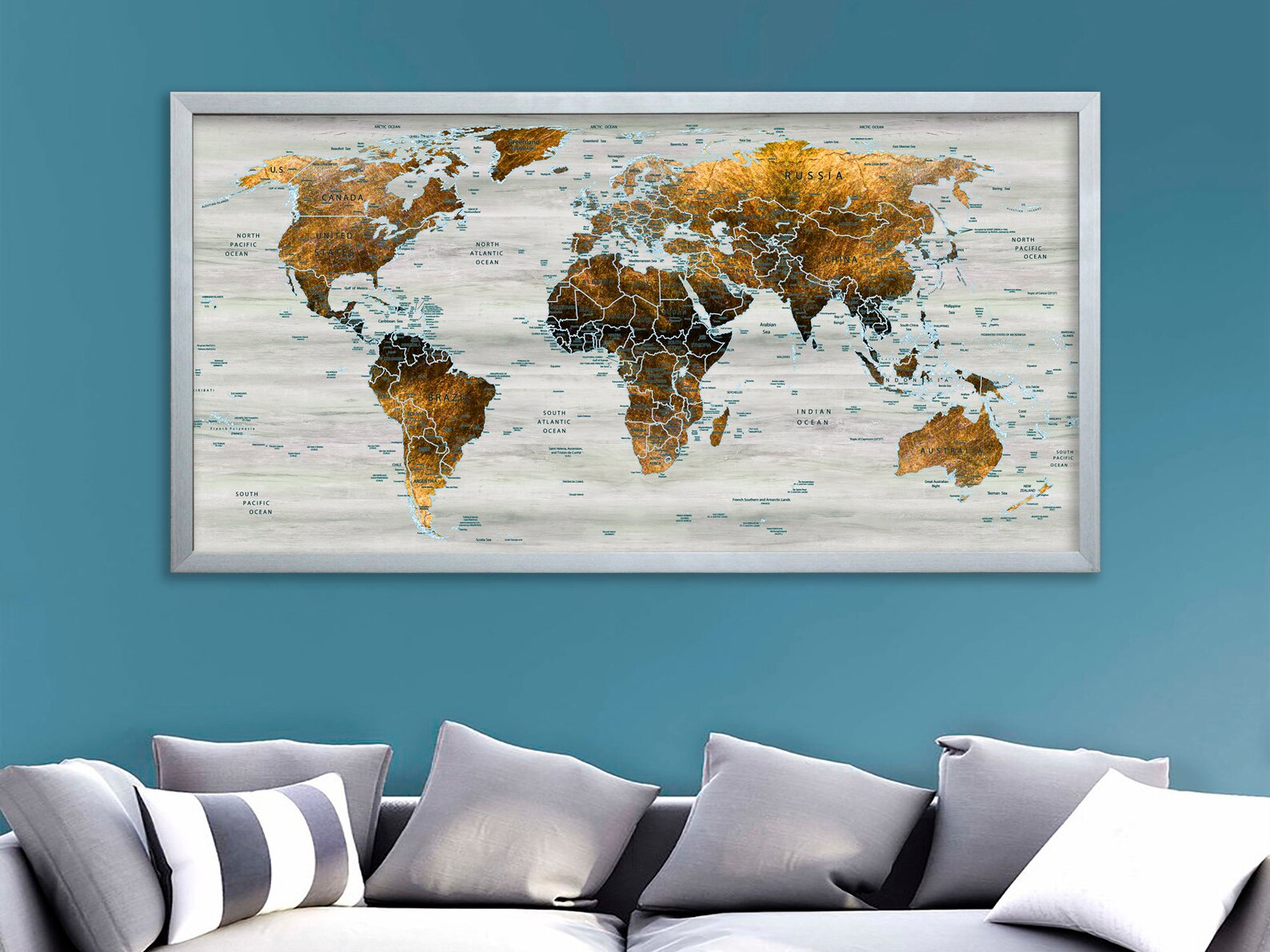 World Map Canvas Gold World Map Decor World Map Push Pin Atlas Print ...