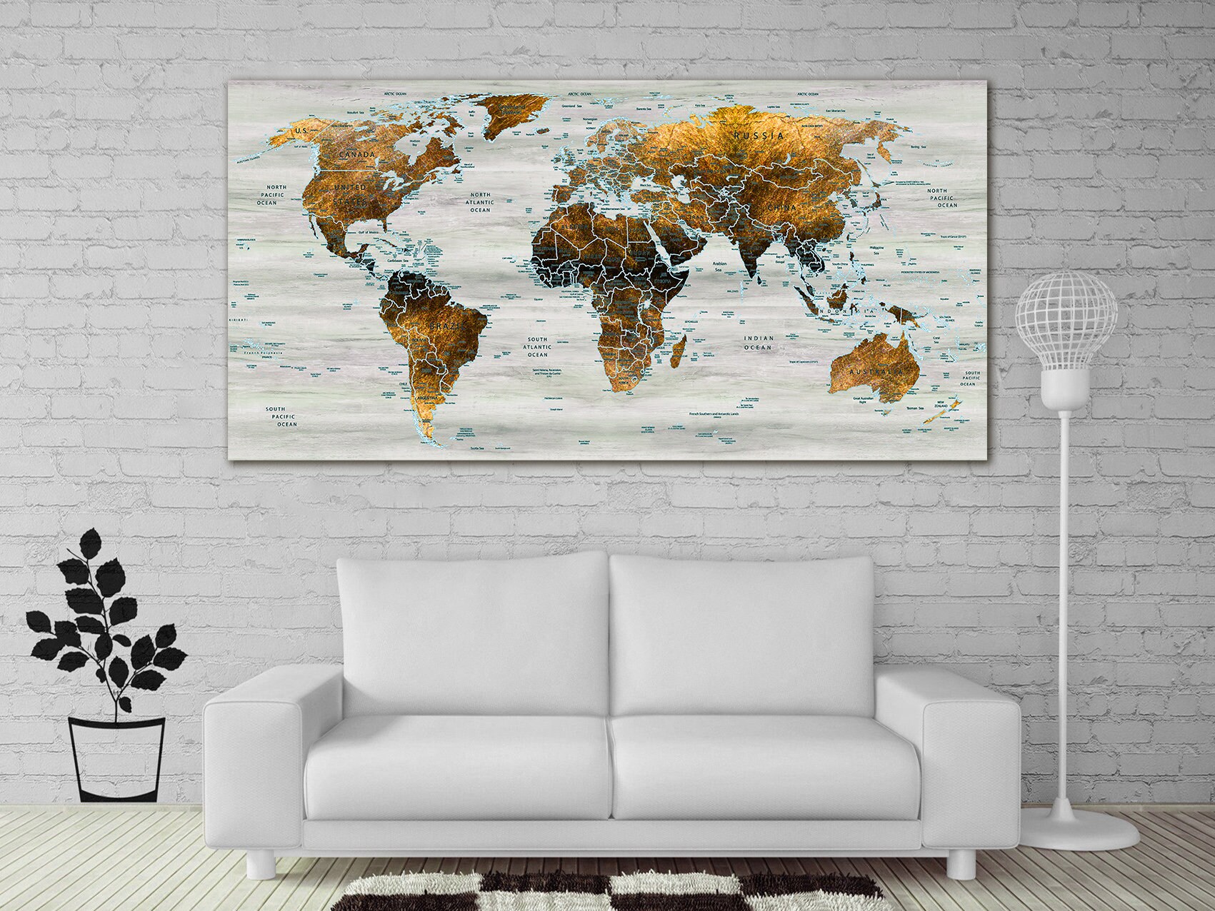 World map canvas Gold world map decor World map push pin Atlas | Etsy