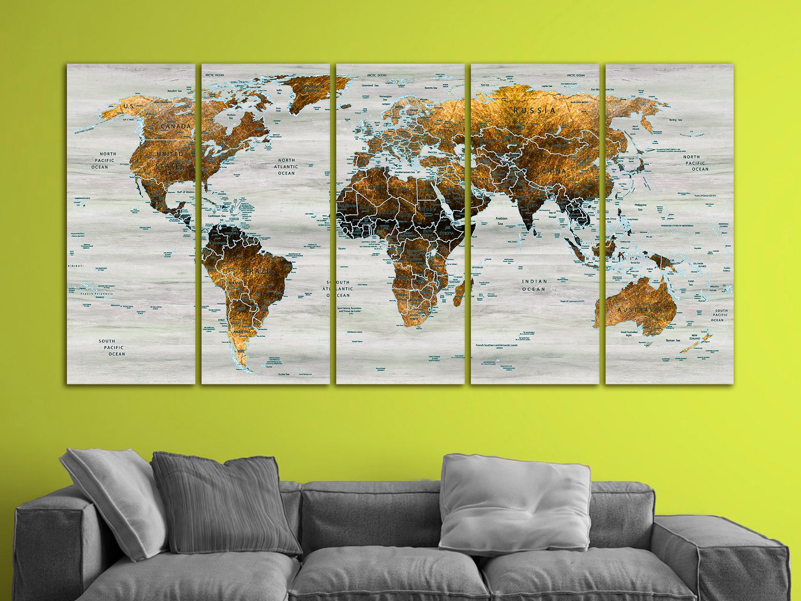 World Map Canvas Gold World Map Decor World Map Push Pin Atlas Print ...