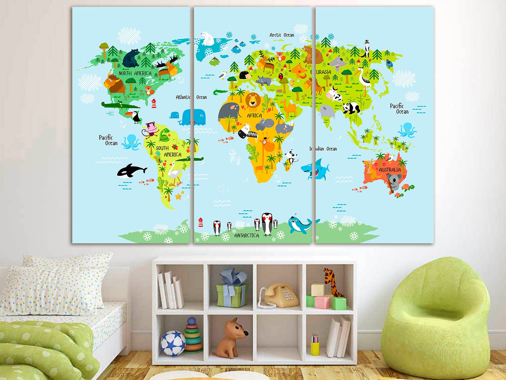 Nursery World Map Canvas Playroom Map Decor Kinderweltkarte Childrens ...