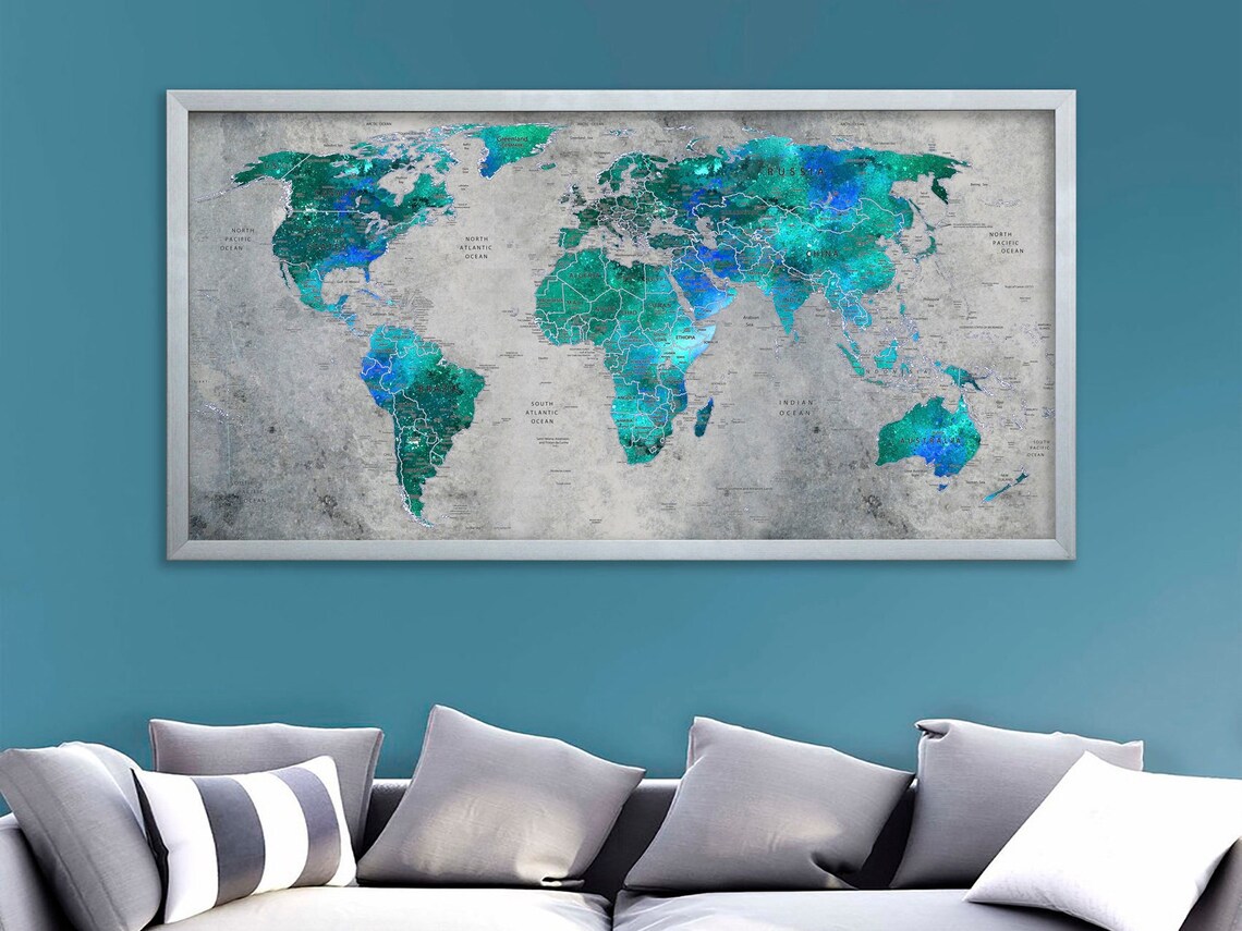 World Map Canvas Turquoise World Map Decor World Map Push Pin - Etsy