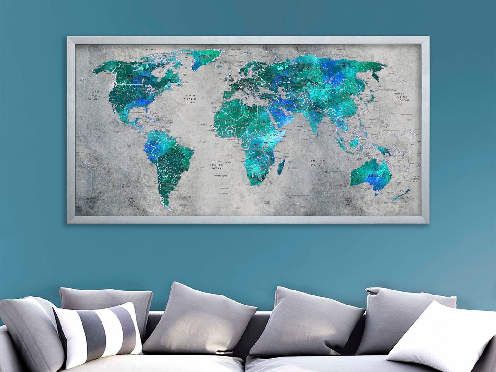 World Map Canvas Turquoise World Map Decor World Map Push Pin - Etsy