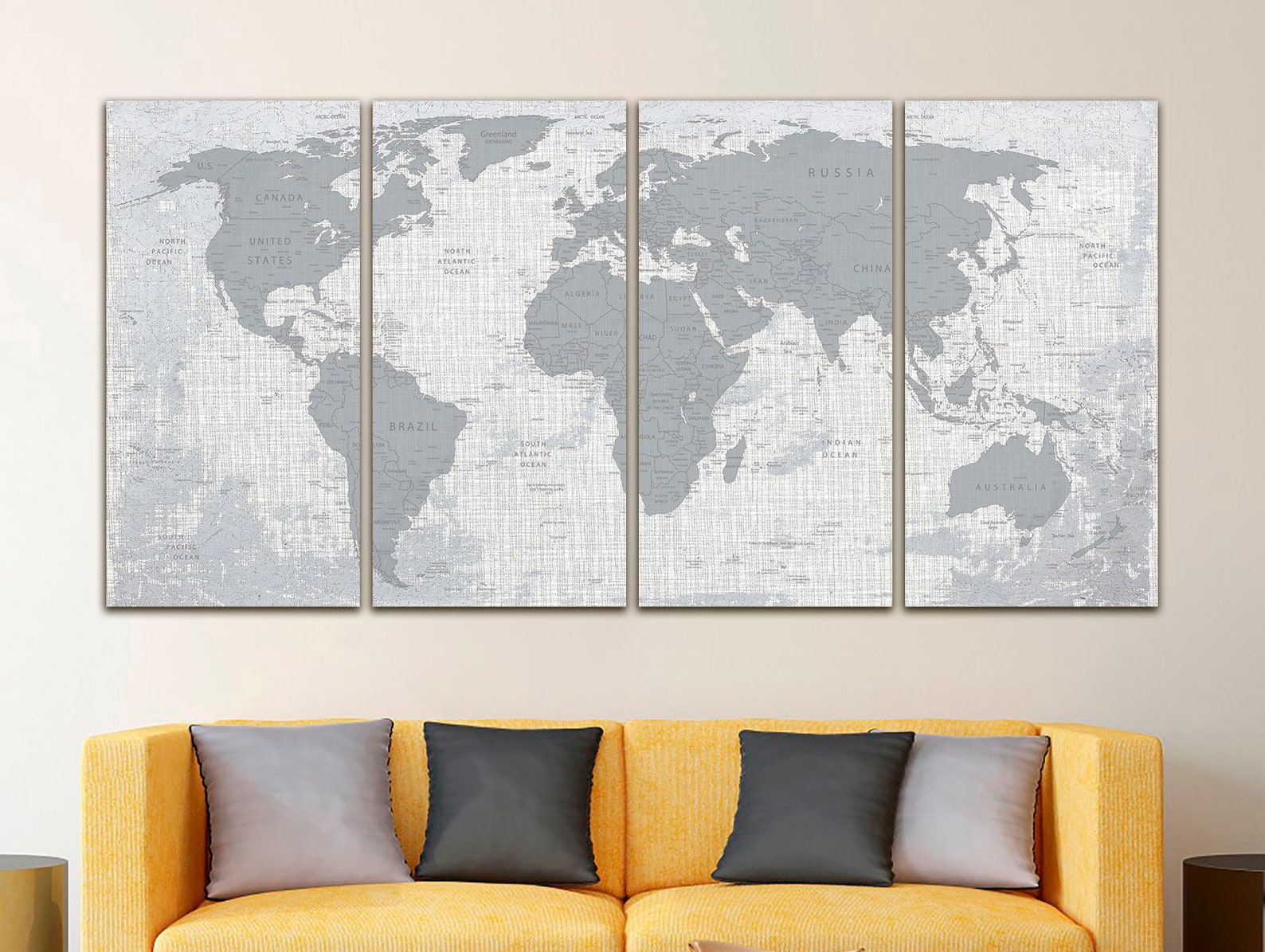 World Map Canvas Gray World Map Decor World Map Push Pin Atlas - Etsy