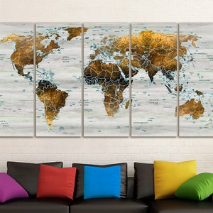 World Map Canvas Gold World Map Decor World Map Push Pin Atlas Print ...