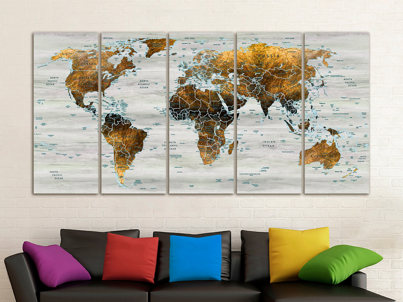 World Map Canvas Gold World Map Decor World Map Push Pin Atlas Print ...