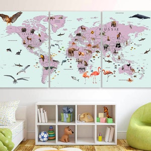 World Map in FRENCH World Map Canvas Carte Du Monde En Français Animal ...