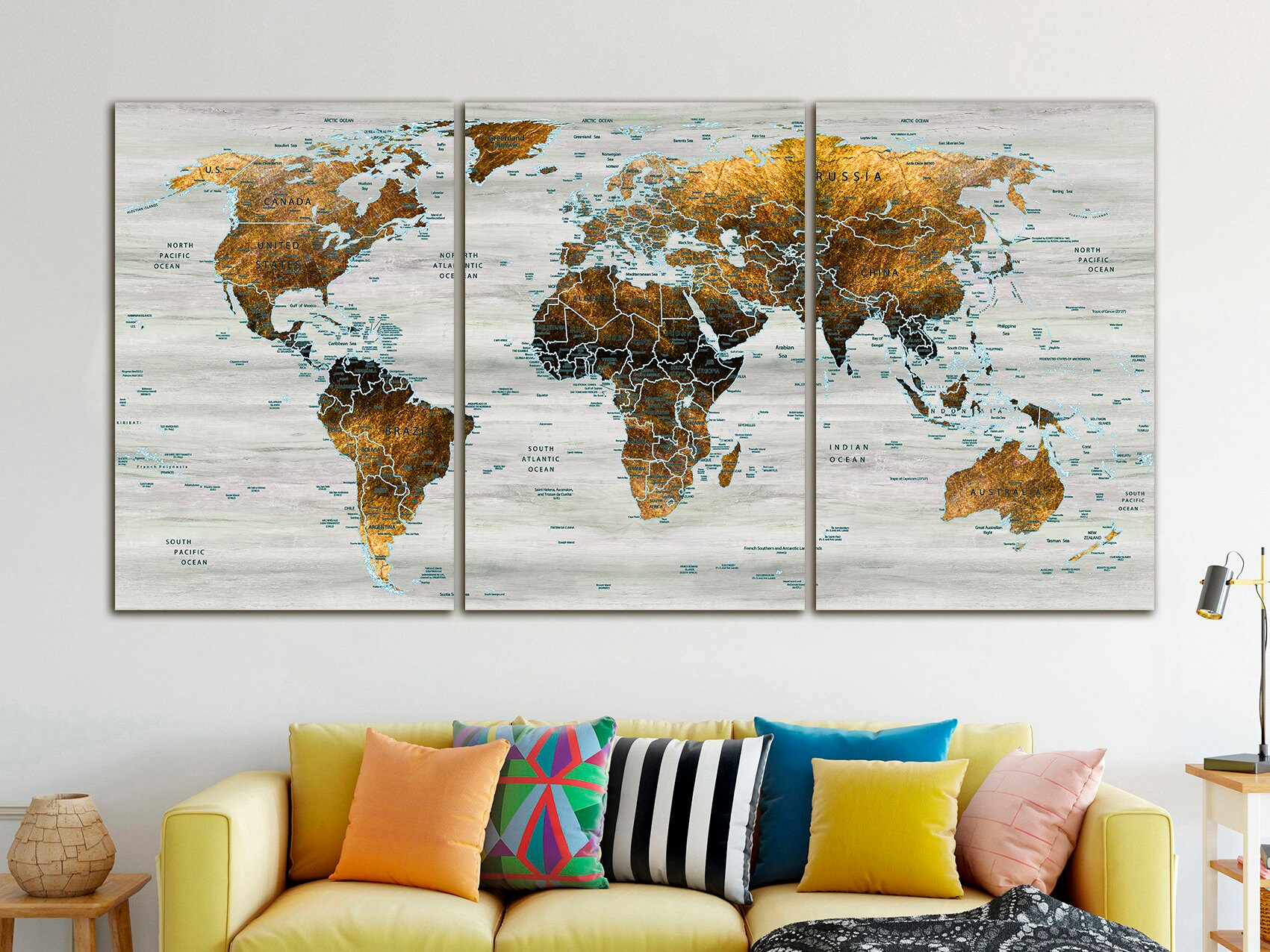 World Map Canvas Gold World Map Decor World Map Push Pin Atlas Print ...