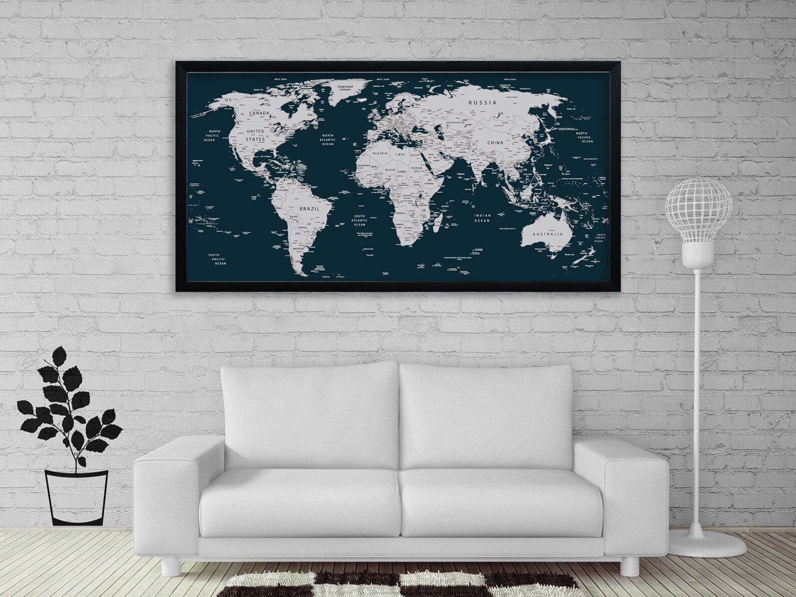 World Map Canvas Gray World Map Decor World Map Push Pin Atlas Print ...