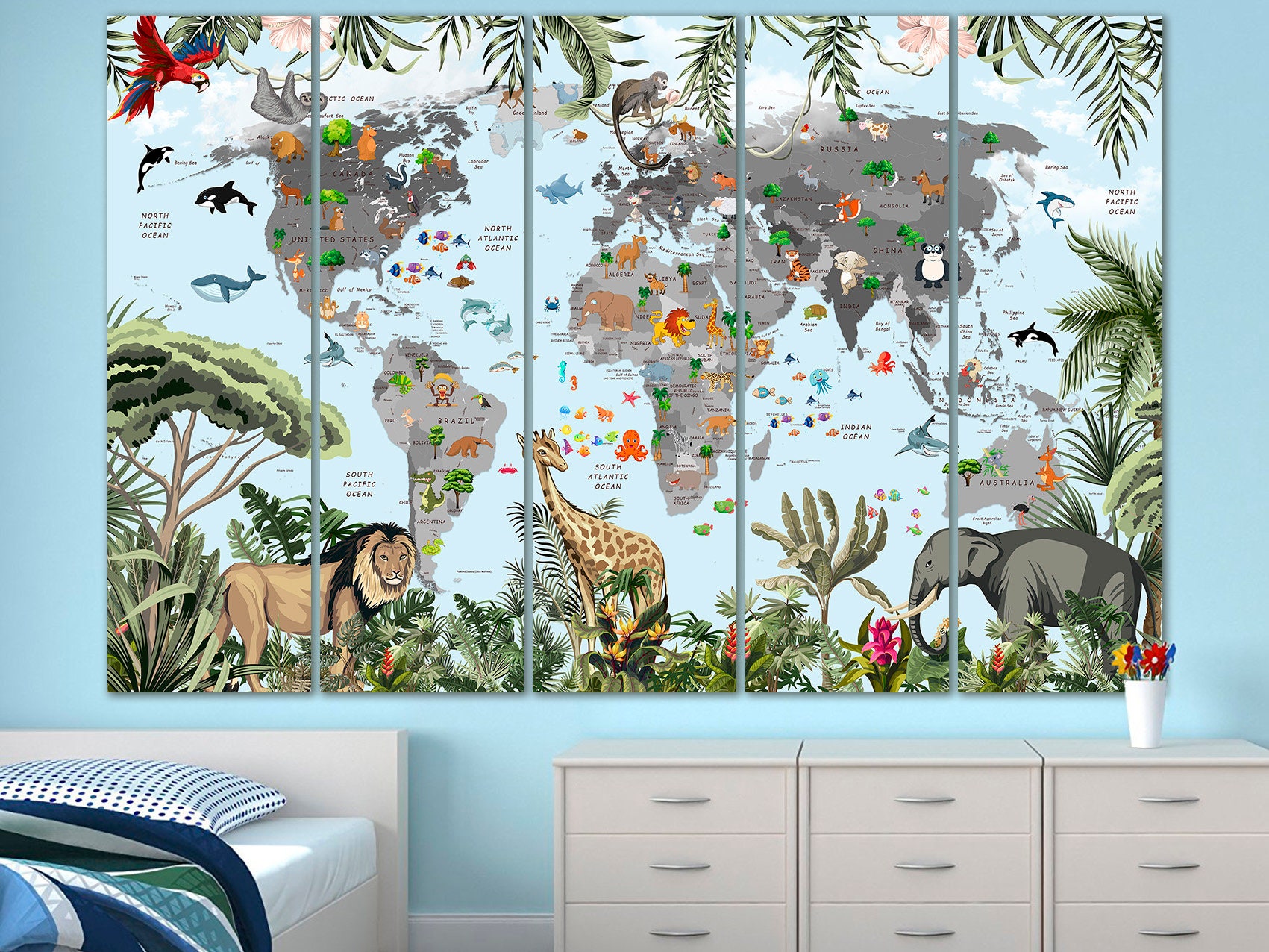 Nursery World Map Canvas Playroom Map Decor Kinderweltkarte - Etsy