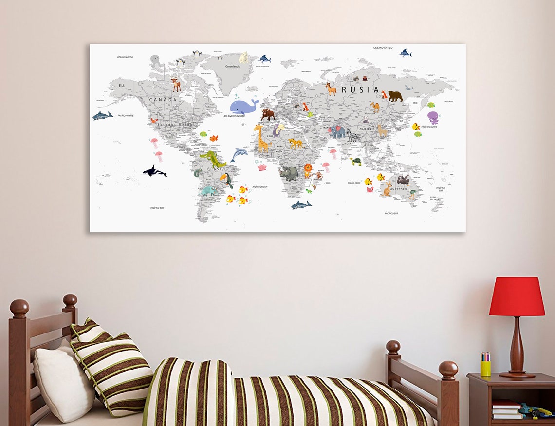 Kids World Map in SPANISH World Map Canvas Mapa Del Mundo En - Etsy