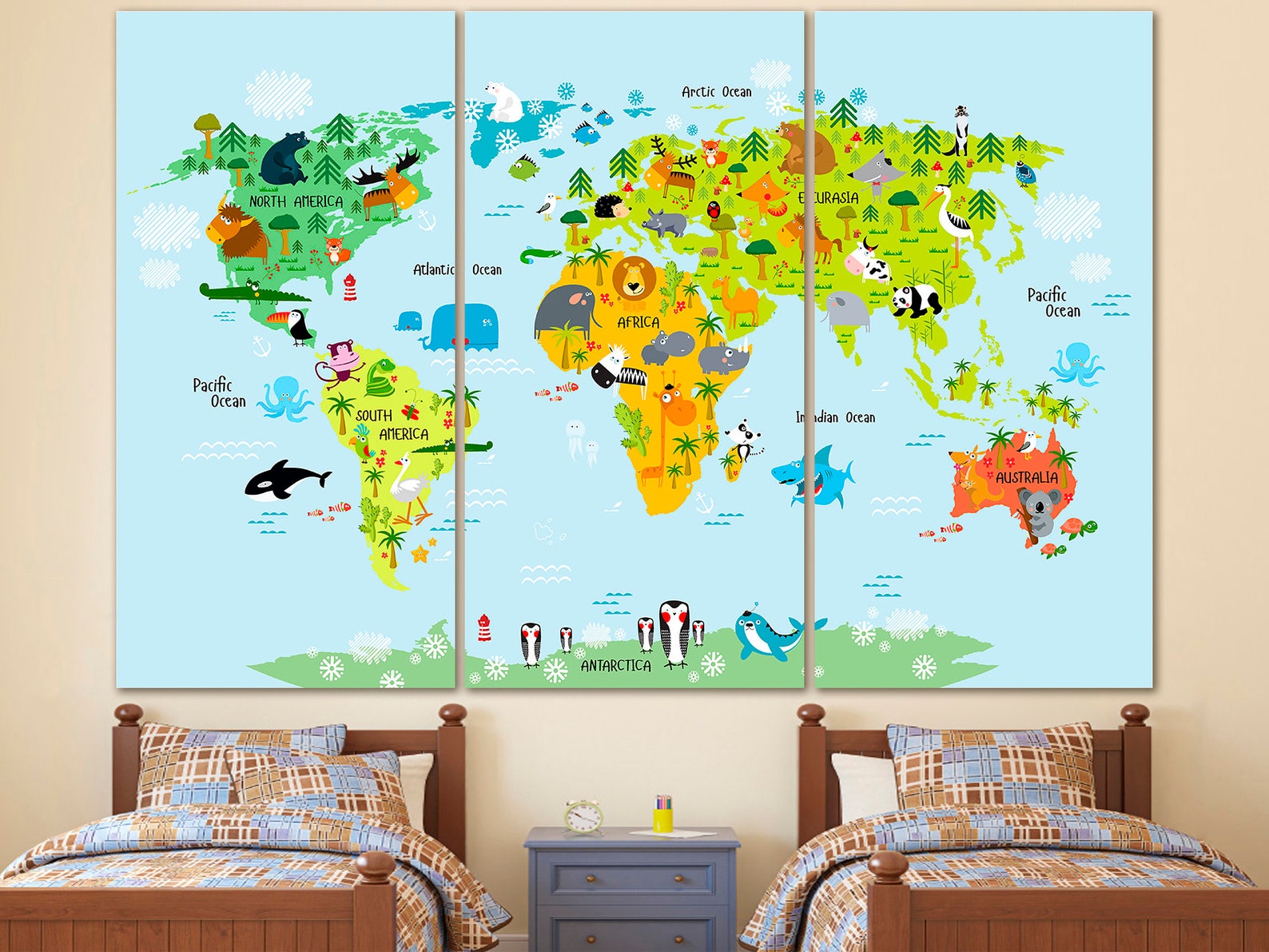 Nursery World Map Canvas Playroom Map Decor Kinderweltkarte Childrens ...