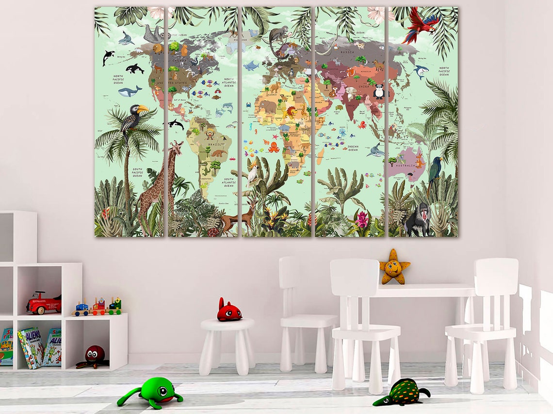 Nursery World Map Canvas Playroom Map Decor Kinderweltkarte | Etsy
