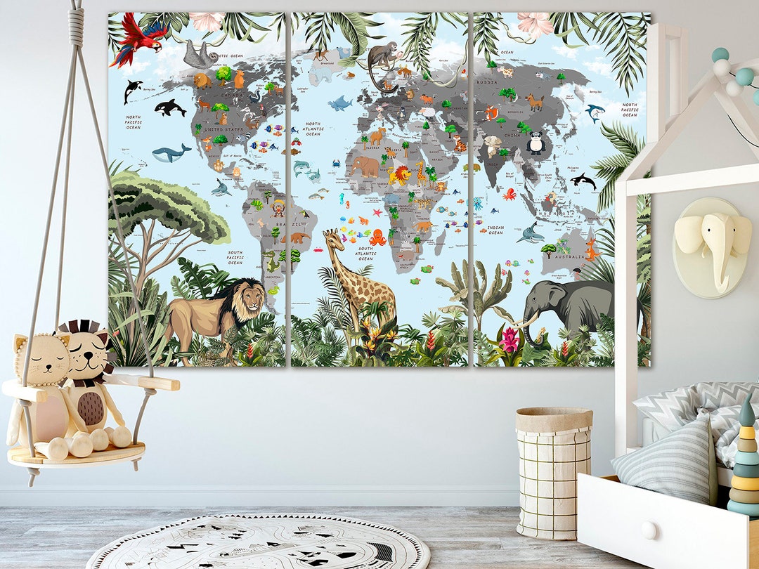 Nursery World Map Canvas Playroom Map Decor Kinderweltkarte Childrens ...