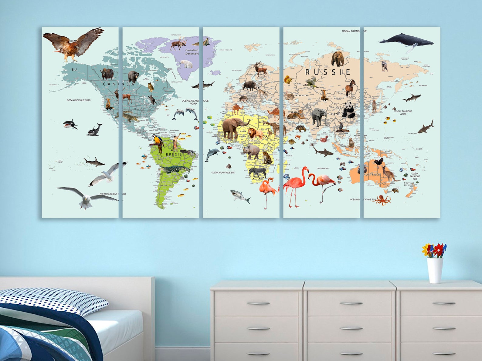 Kids World Map in FRENCH World Map Canvas Carte Du Monde En - Etsy