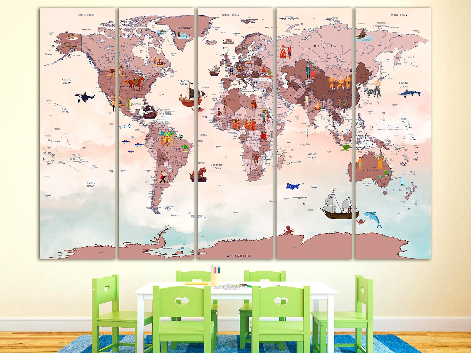 Kids World Map Canvas Nursery World Map Art Playroom World Map - Etsy