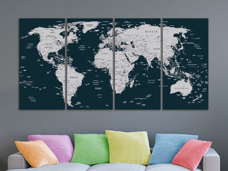 World Map Canvas Gray World Map Decor World Map Push Pin Atlas - Etsy
