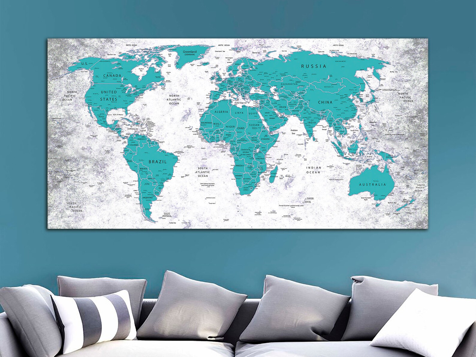 World Map Canvas Turquoise World Map Decor World Map Push Pin - Etsy