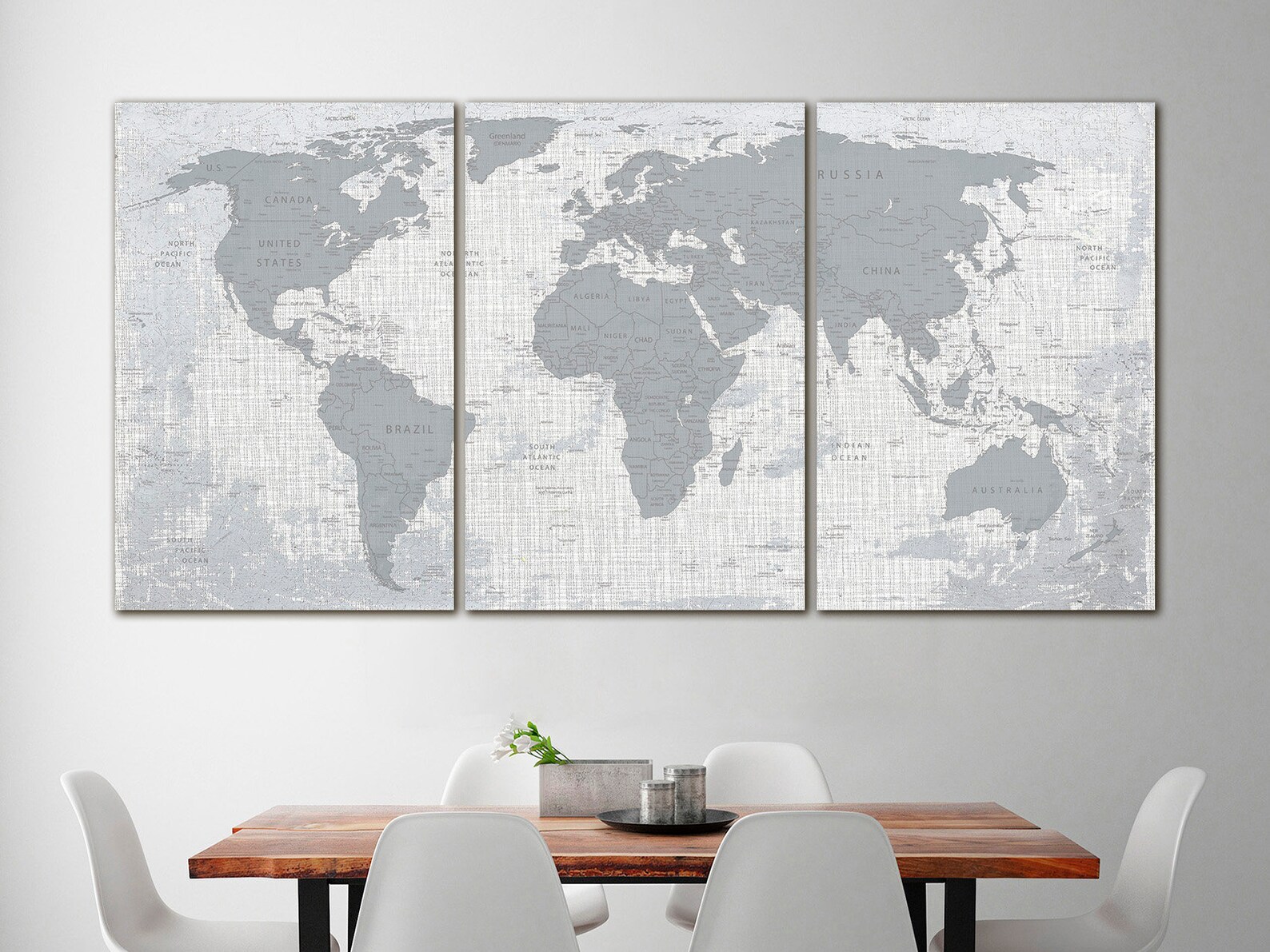 World Map Canvas Gray World Map Decor World Map Push Pin Atlas Print ...