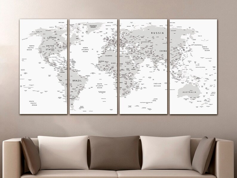 World map canvas Gray world map decor World map push pin Atlas | Etsy