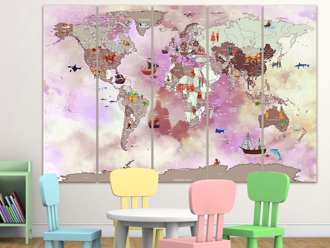 Educational World Map Kids Wall Art Childrens Map Canvas Boys - Etsy