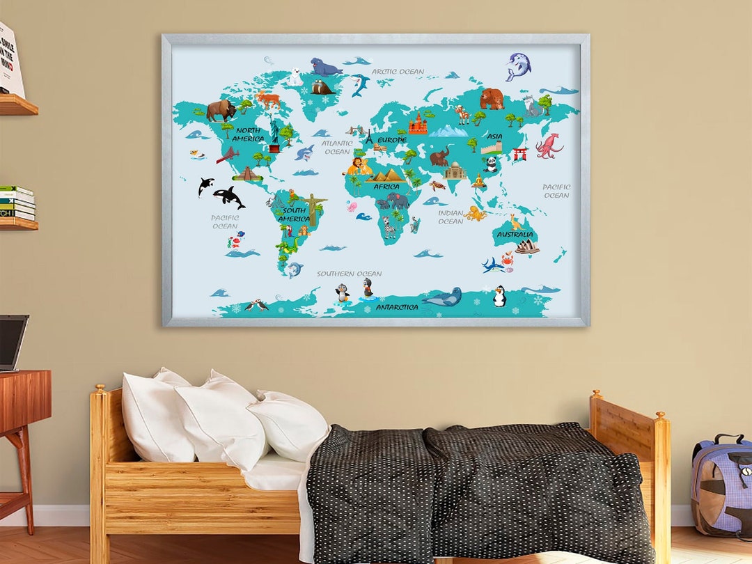 World Map Print for Kids Nursery Kids Decor Animal Map Children Art ...