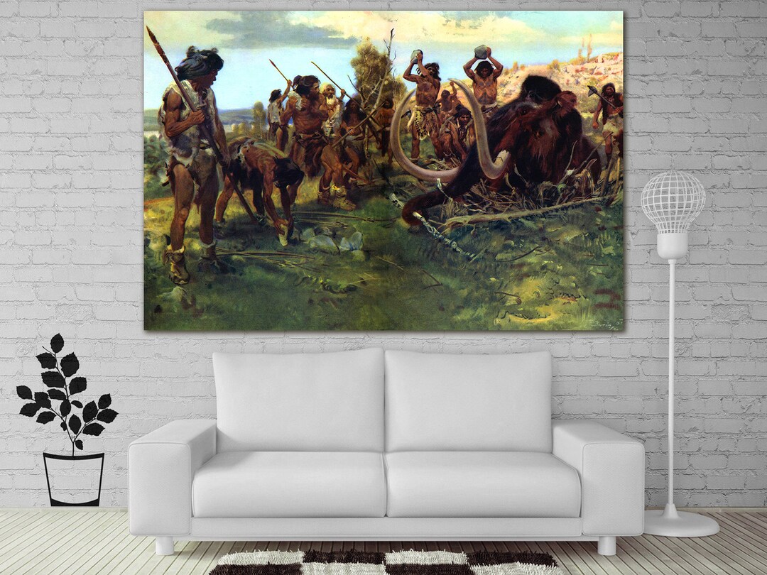 Caveman Canvas Mammoth Decor Antique Art Man Cave Print History Art ...