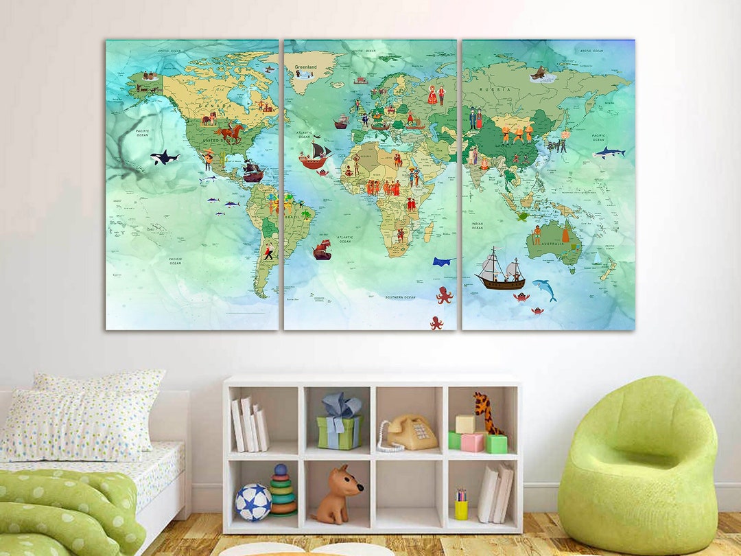 Canvas Kids Map Emerald Green Nursery World Map Kids Room Decor ...