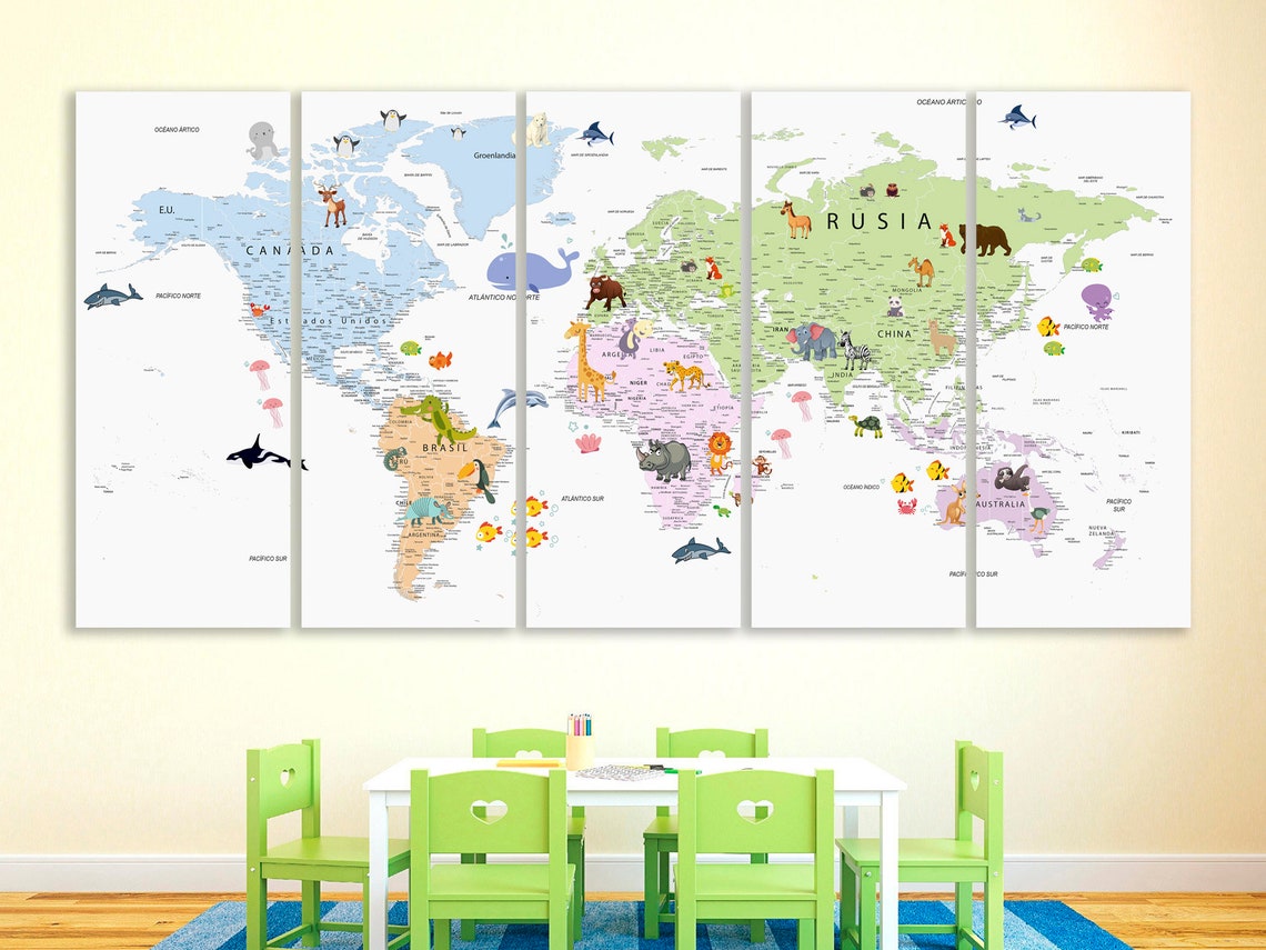 Kids World Map in SPANISH World Map Canvas Mapa Del Mundo En - Etsy