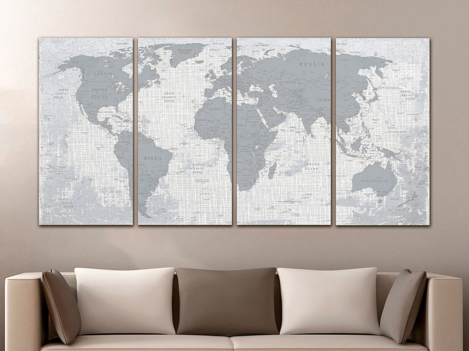 World Map Canvas Gray World Map Decor World Map Push Pin Atlas - Etsy