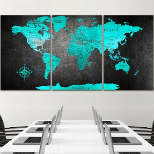 World Map Canvas Turquoise World Map Deco World Map Push Pin Atlas ...