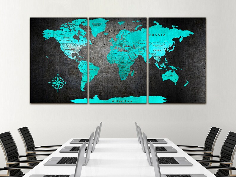 World Map Canvas Turquoise World Map Deco World Map Push Pin - Etsy