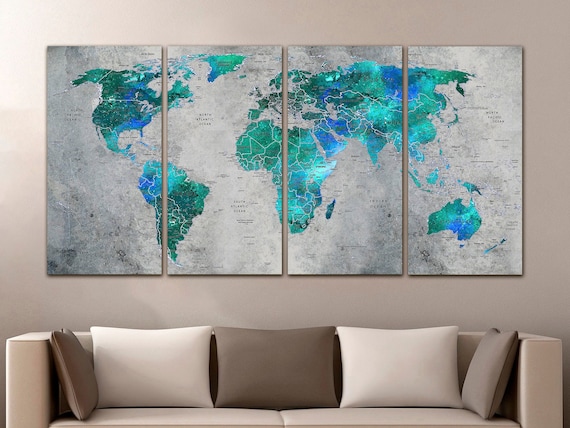 World Map Canvas Turquoise World Map Decor World Map Push Pin | Etsy