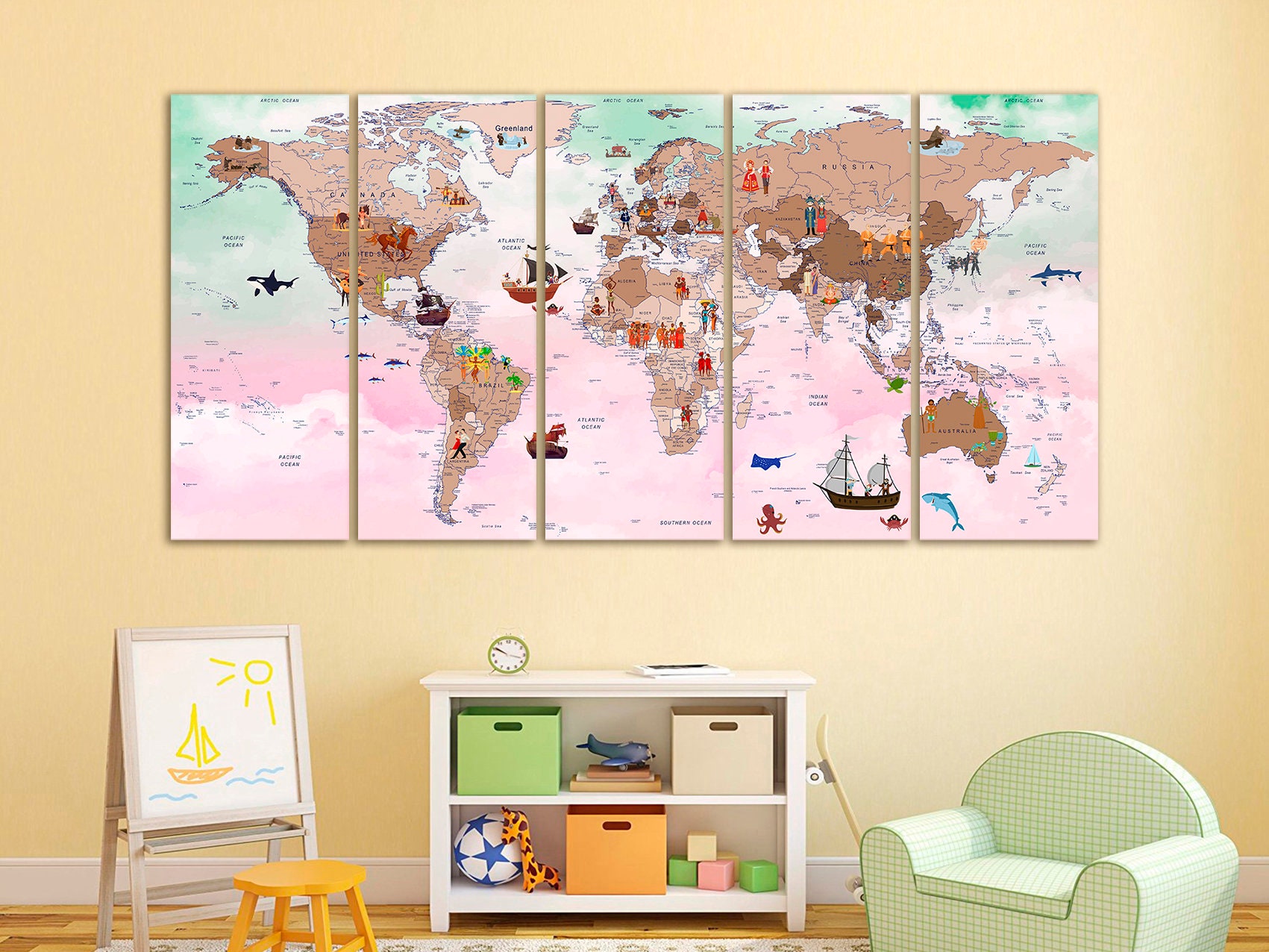 World Map for a Girl Canvas Wall Art Children's Room Decor | Etsy