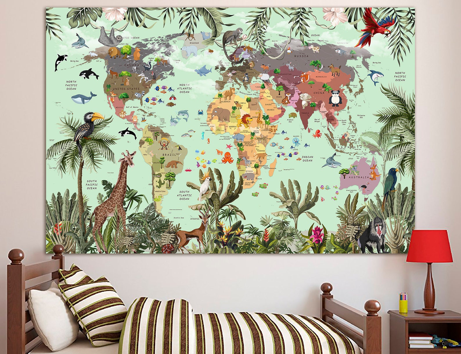 Nursery World Map Canvas Playroom Map Decor Kinderweltkarte | Etsy