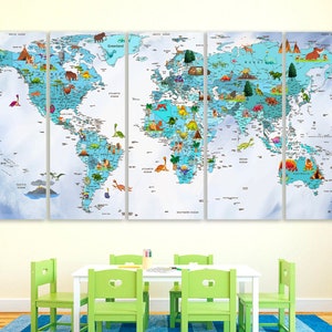 Kids World Map Canvas Prehistoric Animals World Map Nursery World Map ...