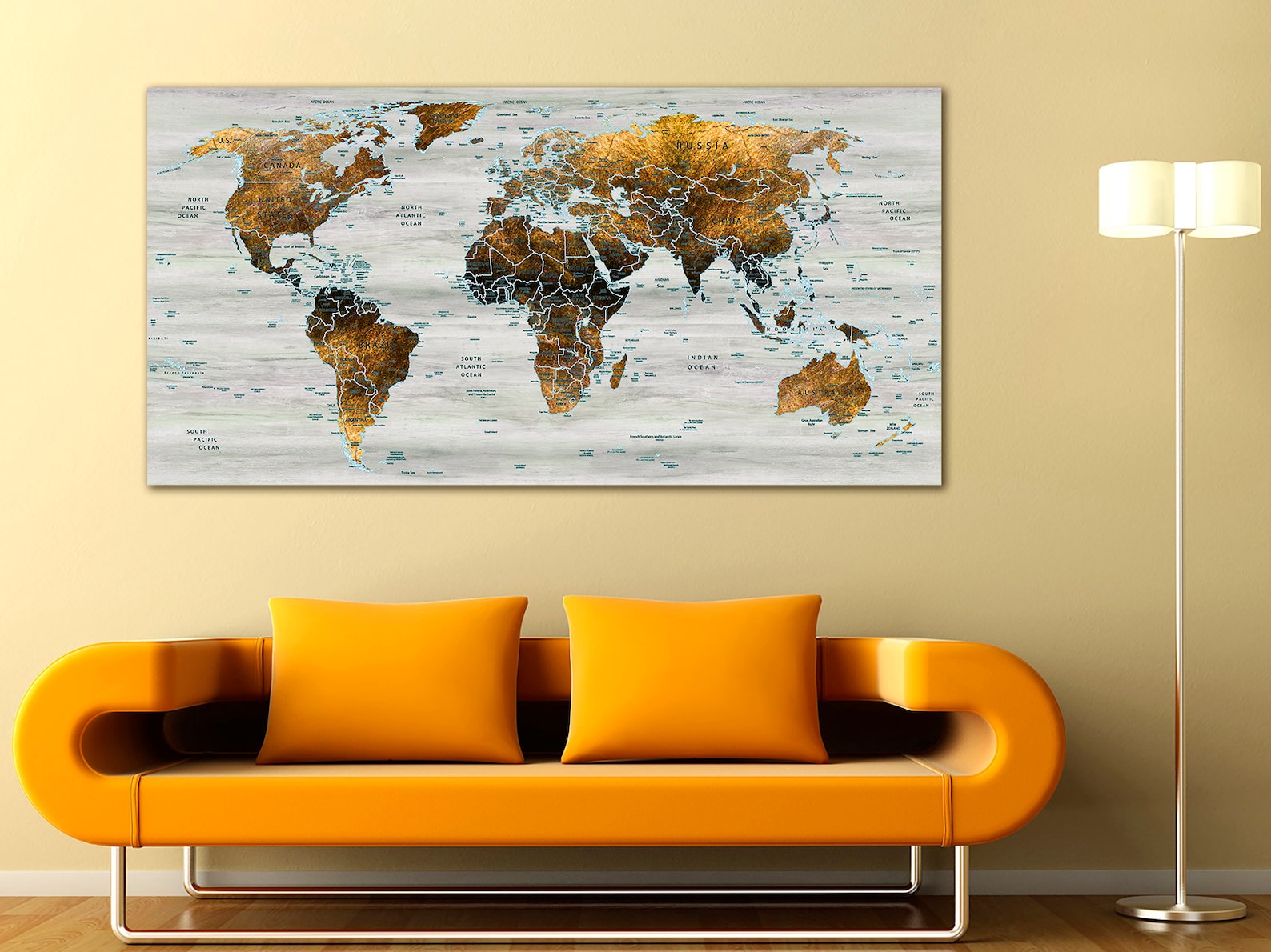 World Map Canvas Gold World Map Decor World Map Push Pin Atlas Print ...