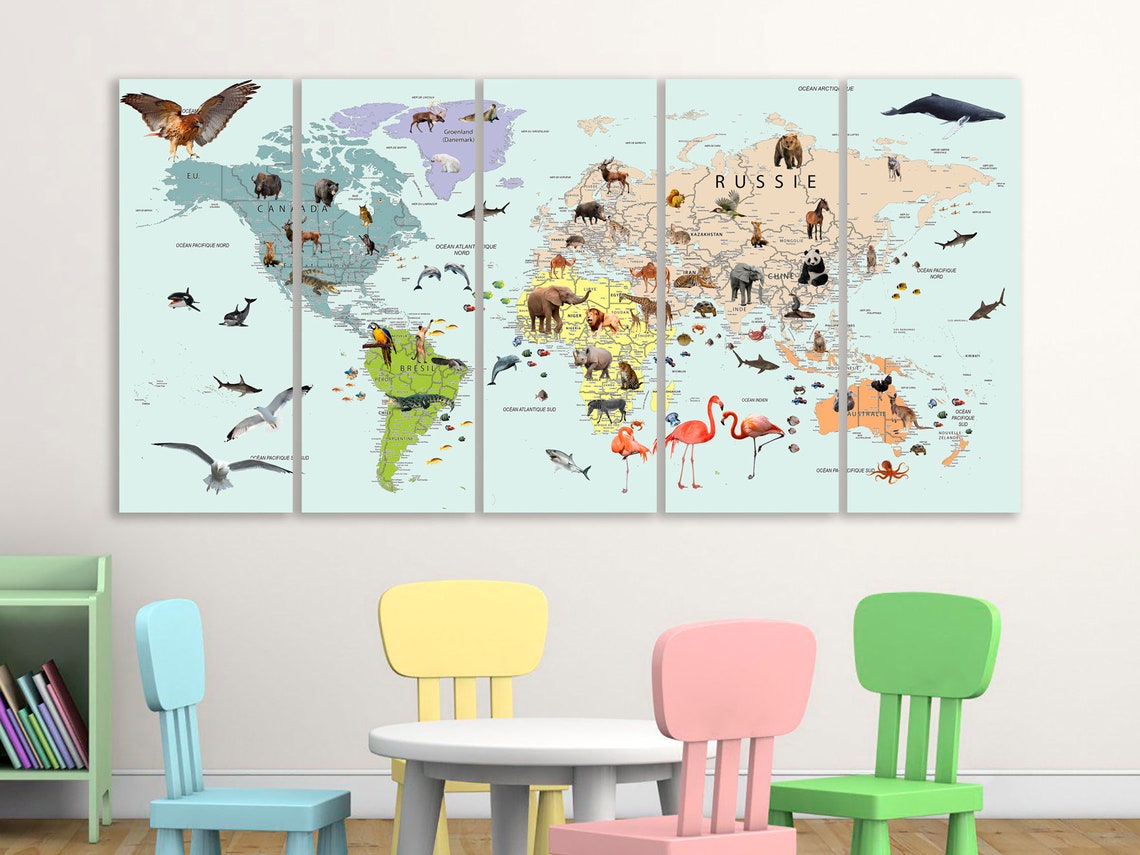 Kids World Map in FRENCH World Map Canvas Carte Du Monde En - Etsy