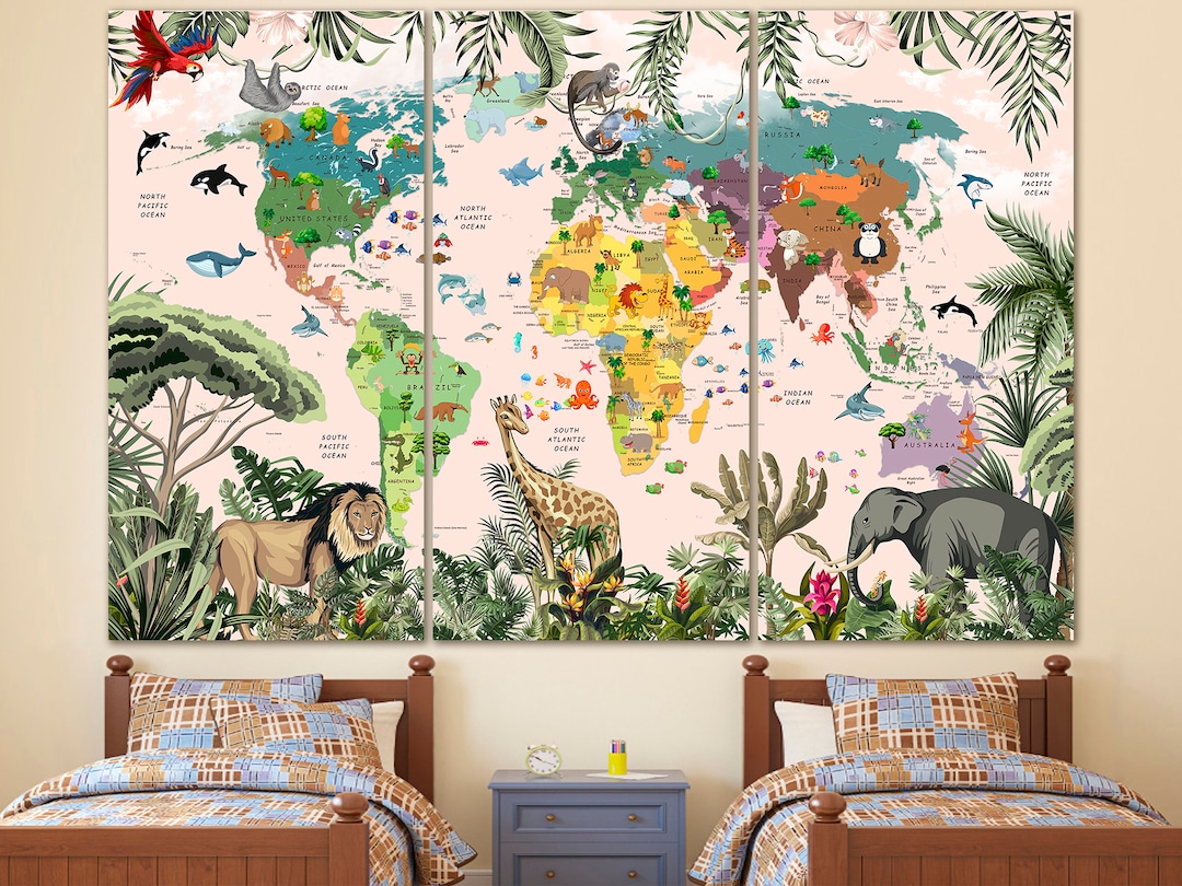 Nursery World Map Canvas Playroom Map Decor Kinderweltkarte Childrens ...