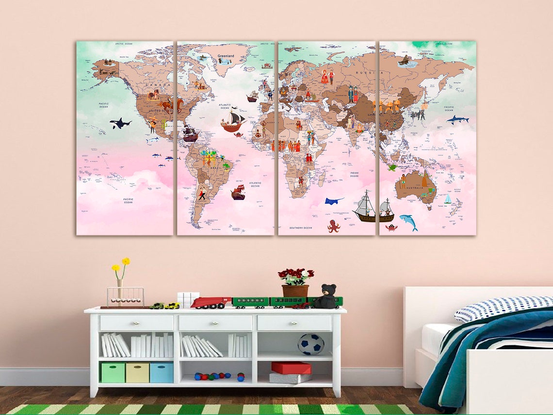 World Map for a Girl Canvas Wall Art Children's Room Decor | Etsy