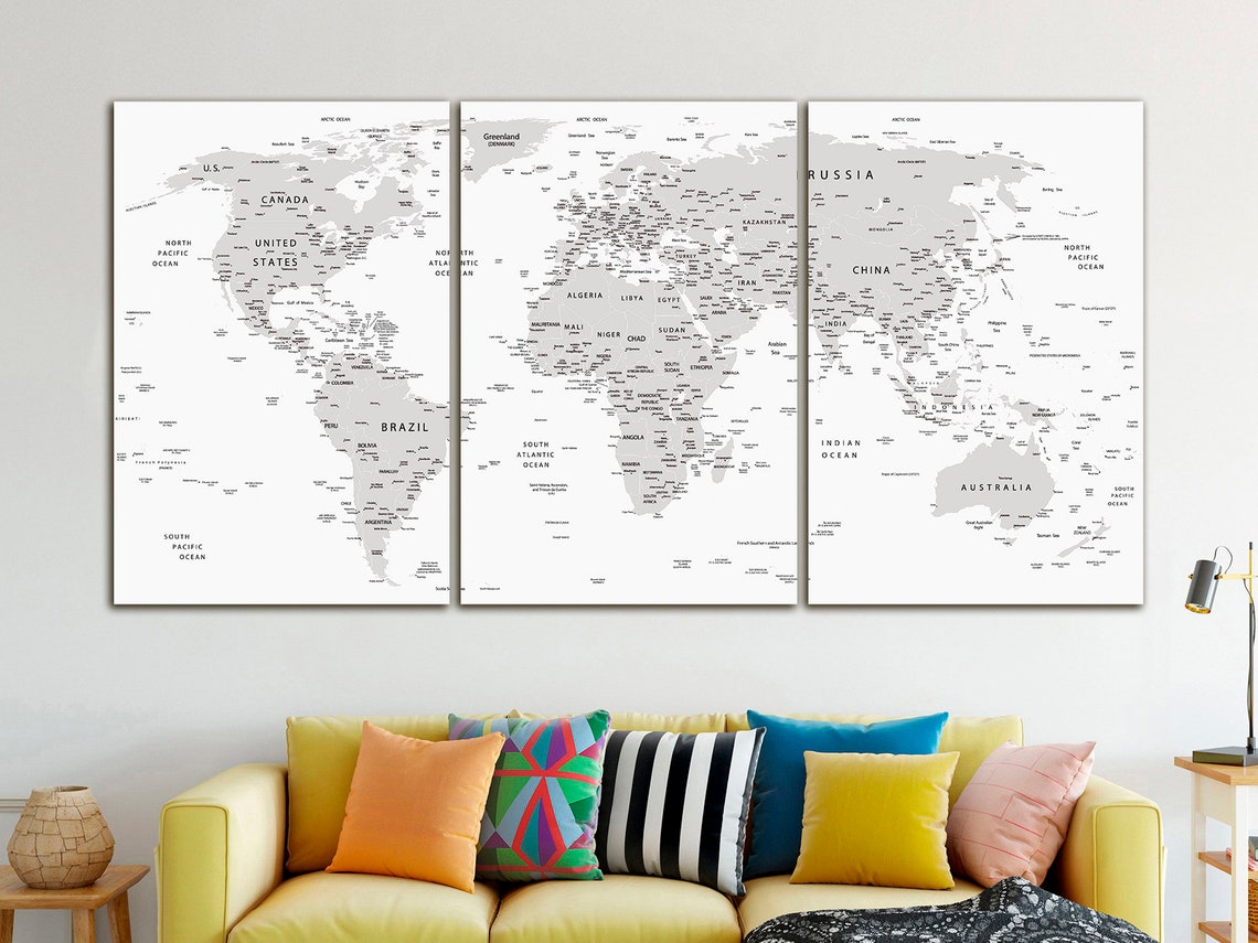 World Map Canvas Gray World Map Decor World Map Push Pin Atlas - Etsy