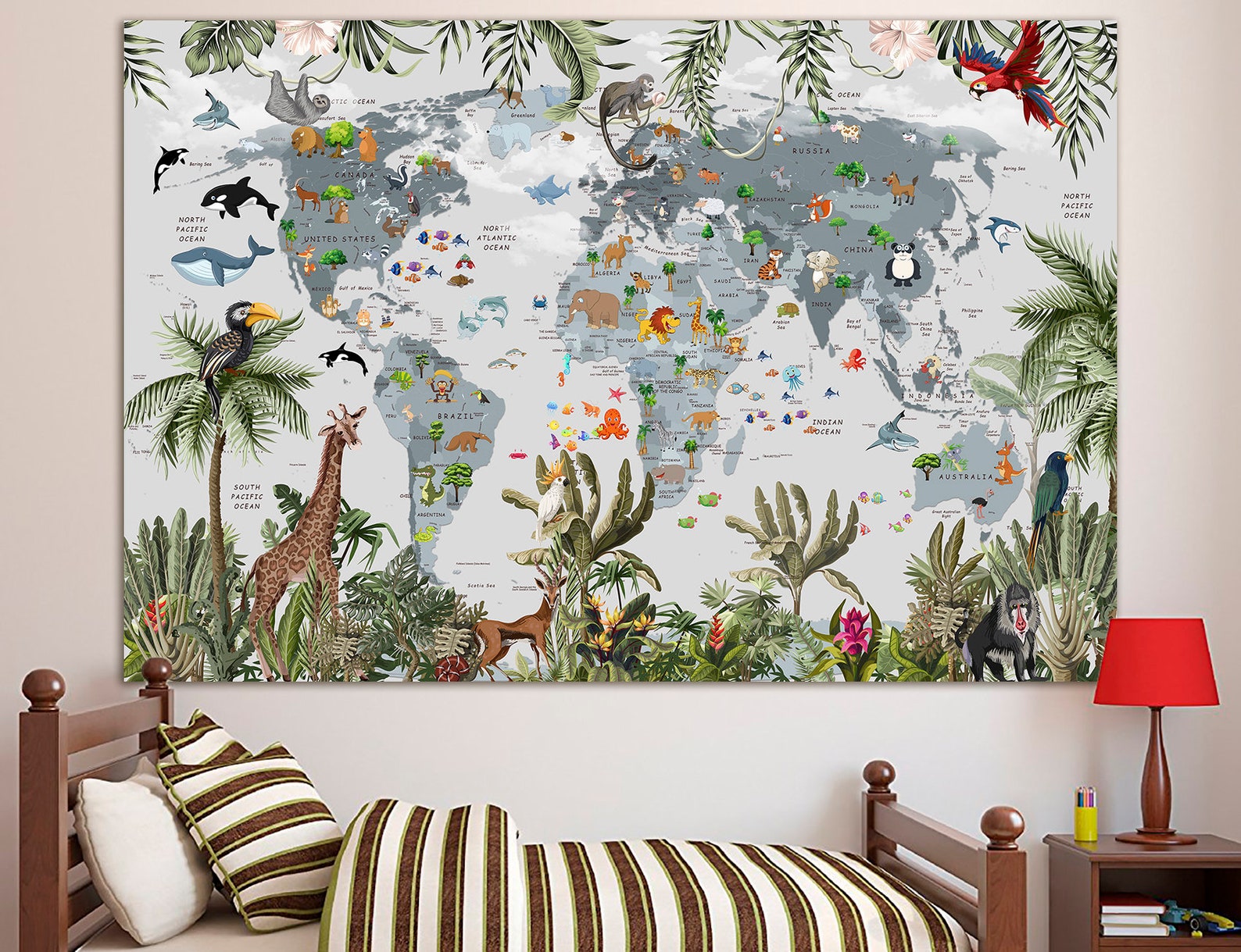 Nursery World Map Canvas Playroom Map Decor Kinderweltkarte | Etsy