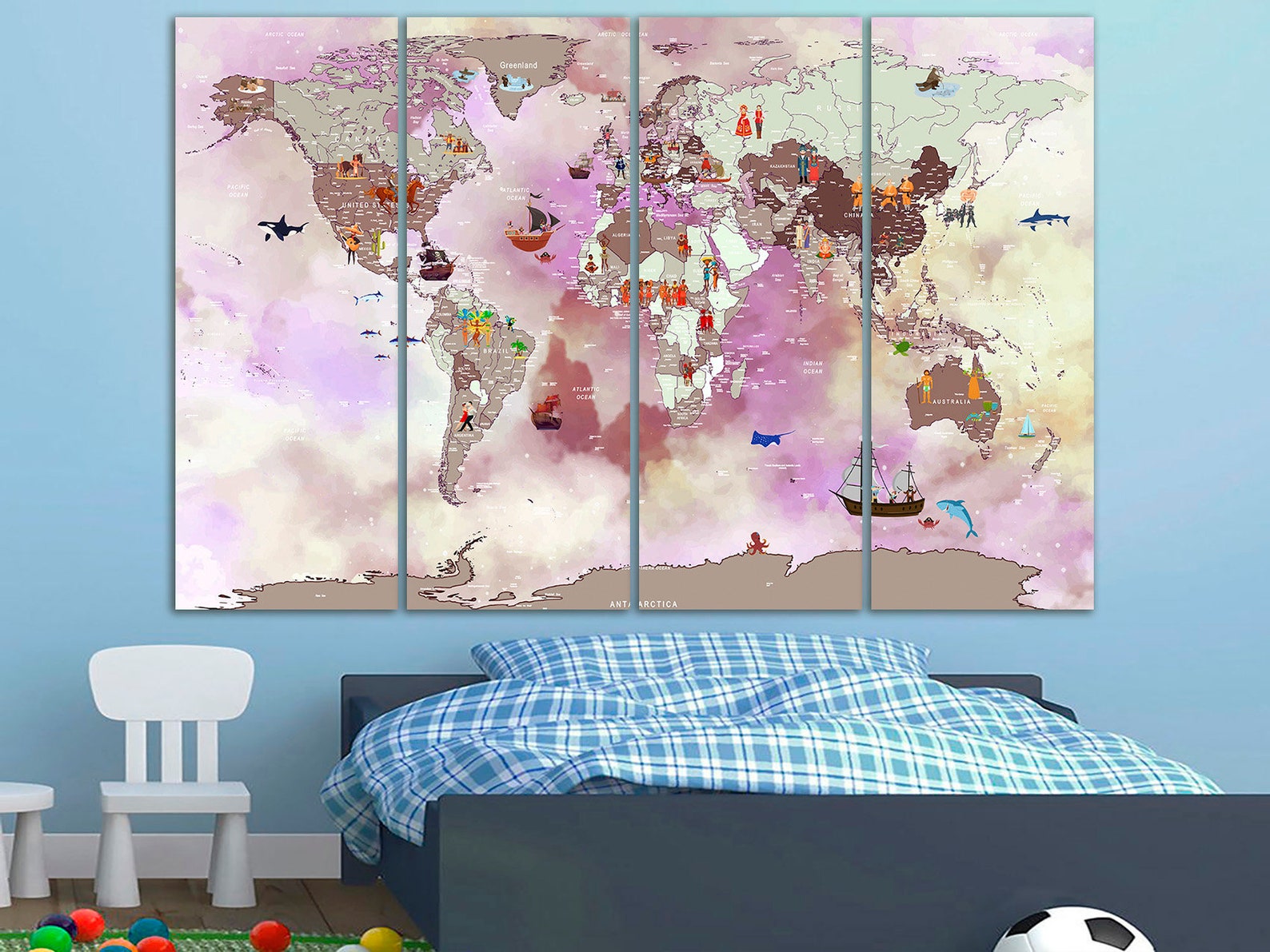 Educational World Map Kids Wall Art Childrens Map Canvas Boys - Etsy