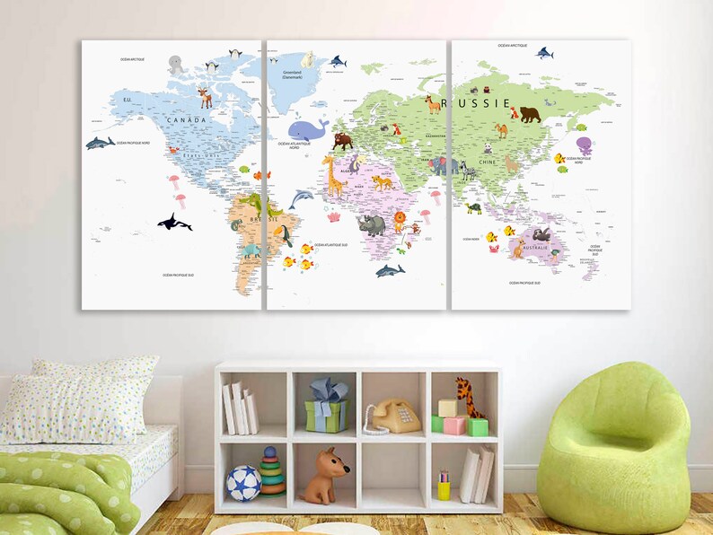 World Map in FRENCH World Map Canvas Carte Du Monde En - Etsy