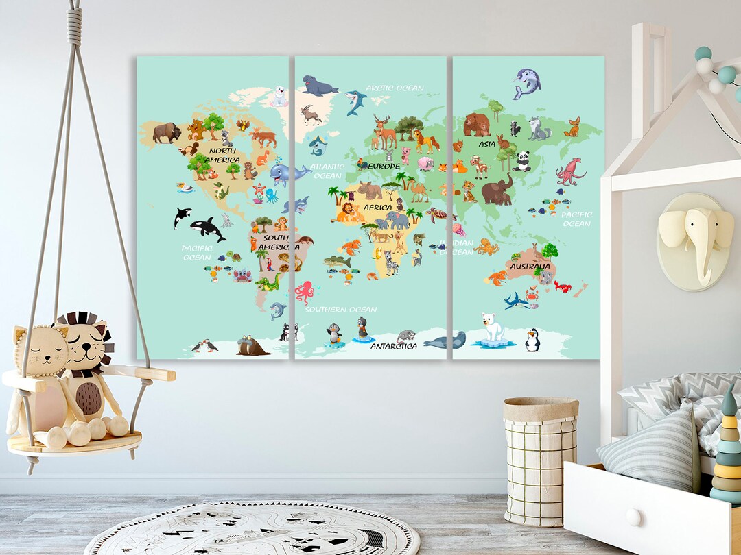 Nursery World Map Canvas Playroom Map Decor Kids Room Childrens Map Art ...