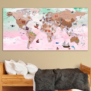 World Map for a Girl Canvas Wall Art Children's Room Decor Educational ...
