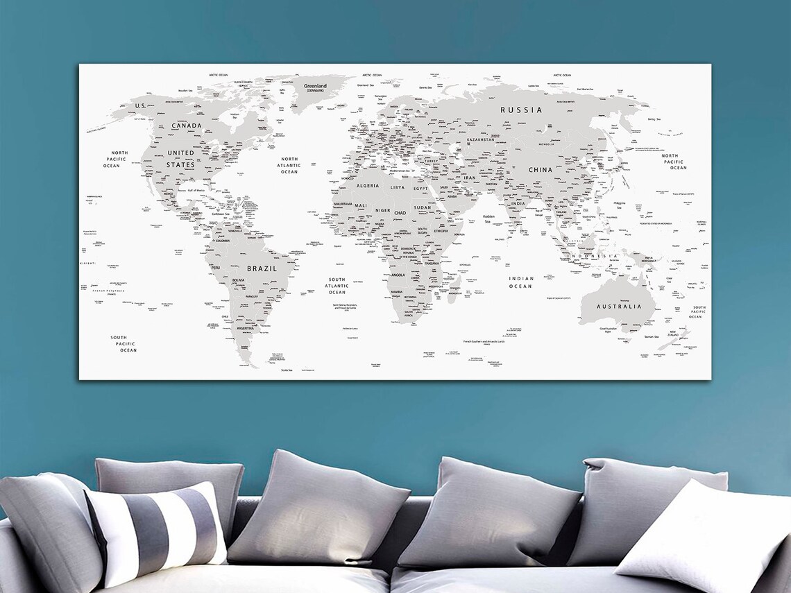 World Map Canvas Gray World Map Decor World Map Push Pin Atlas Print ...