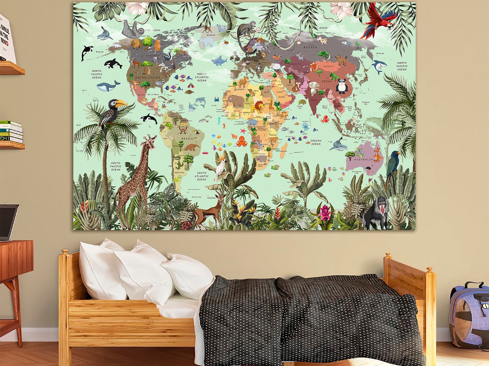 Nursery World Map Canvas Playroom Map Decor Kinderweltkarte Childrens ...