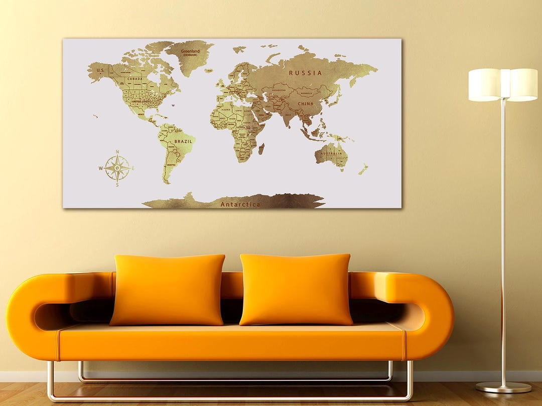 Gold World Map Canvas Stylish Print Extra Large Map Travel Canvas ...